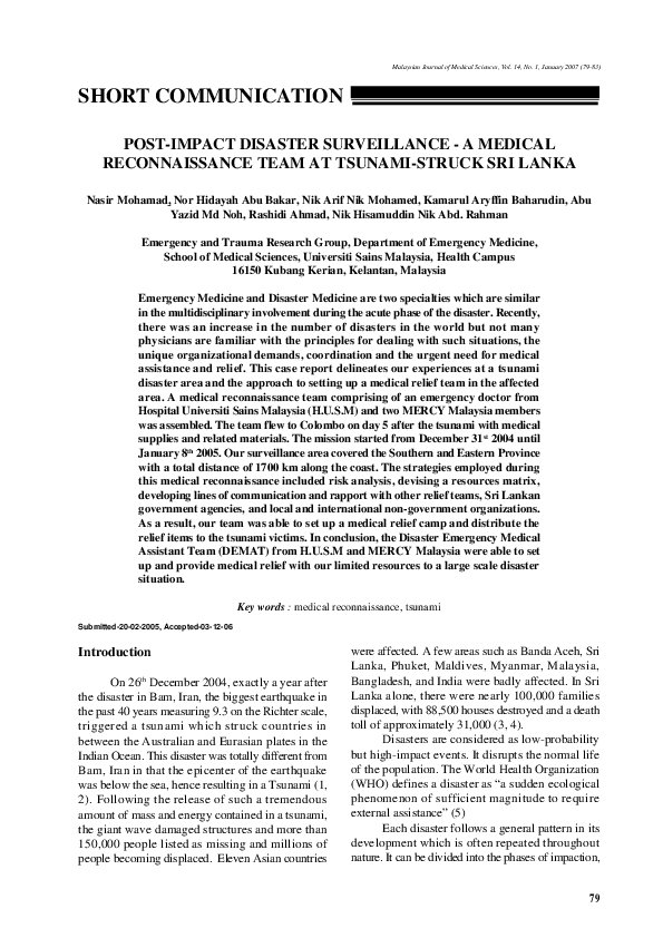 (PDF) Post-impact disaster surveillance - a medical reconnaissance team ...