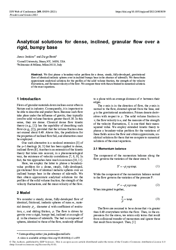 (PDF) Analytical solutions for dense, inclined, granular flow over a rigid, bumpy base