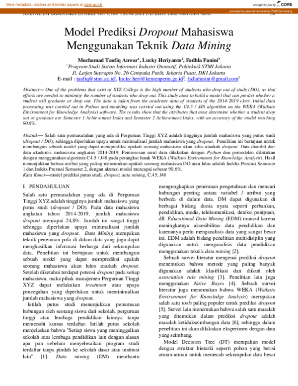(PDF) Model Prediksi Dropout Mahasiswa Menggunakan Teknik Data Mining