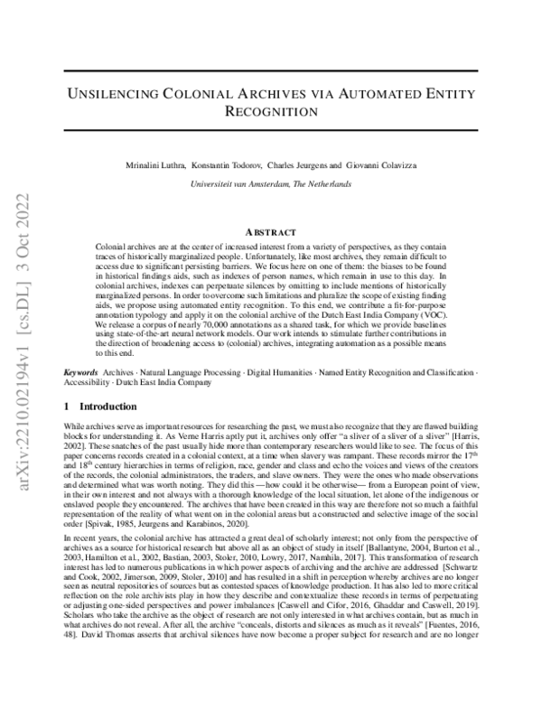 (PDF) Unsilencing Colonial Archives via Automated Entity Recognition