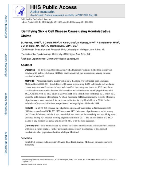 (PDF) Identifying Sickle Cell Disease Cases Using Administrative Claims