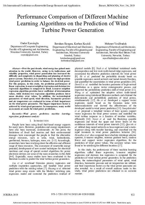 (PDF) Performance Comparison of Different Machine Learning Algorithms on the Prediction of Wind ...