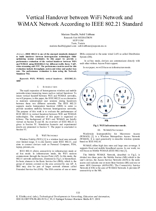 (PDF) Vertical Handover between WiFi Network and WiMAX Network According to IEEE 802.21 Standard