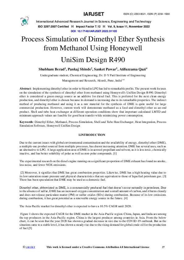 (PDF) Process Simulation of Dimethyl Ether Synthesis from Methanol ...