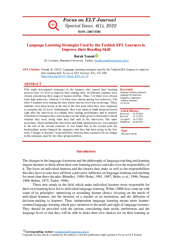 (PDF) Language Learning Strategies Used by the Turkish EFL Learners to Improve their Reading Skill