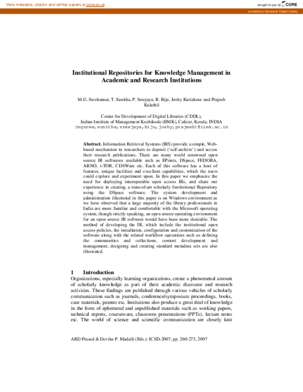 (PDF) Institutional repositories for knowledge management in academic and research Institutions