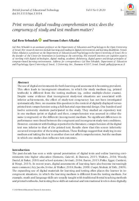 (PDF) Print versus digital reading comprehension tests: does the ...
