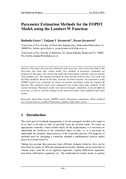 Pdf Parameter Estimation Methods For The Fopdt Model Using The