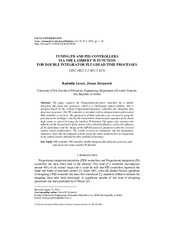 (PDF) Tuning PD and Pid Controllers via the Lambert W Function for Double Integrator Plus Dead ...