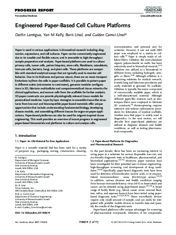 (PDF) Engineered Paper-Based Cell Culture Platforms | Barış Ünal ...