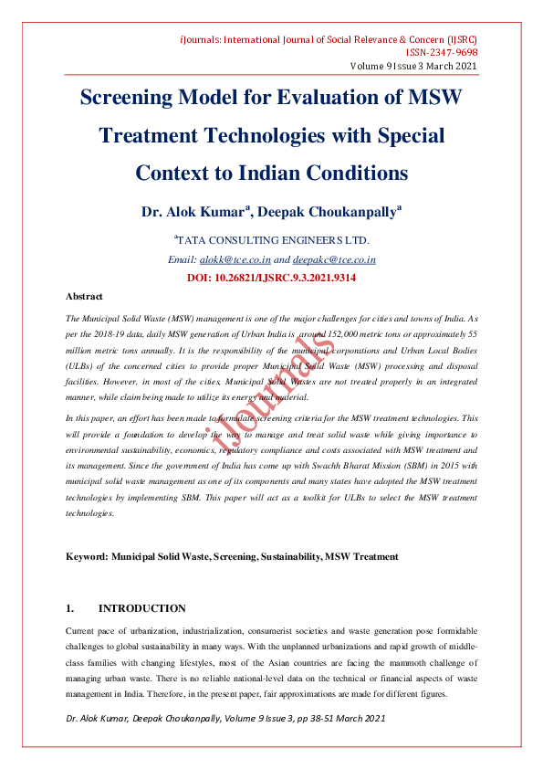 (PDF) Screening Model for Evaluation of MSW Treatment Technologies with ...