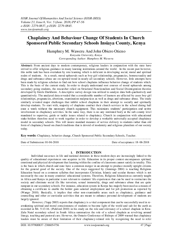 (PDF) Chaplaincy and Behaviour Change of Students in Church Sponsored ...