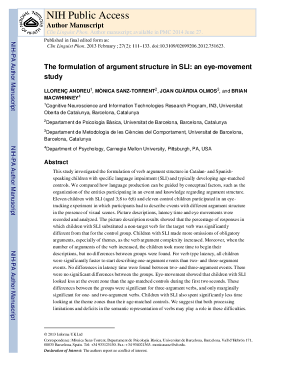 (PDF) The formulation of argument structure in SLI: an eye-movement ...