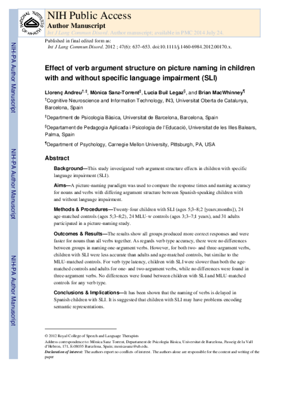 (PDF) Effect of verb argument structure on picture naming in children with and without specific ...