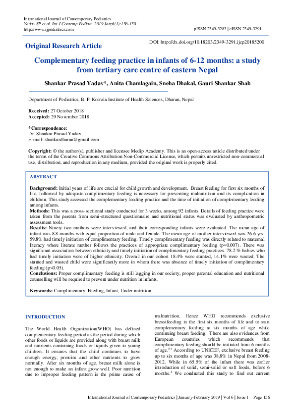 (PDF) Complementary feeding practice in infants of 6-12 months: a study ...