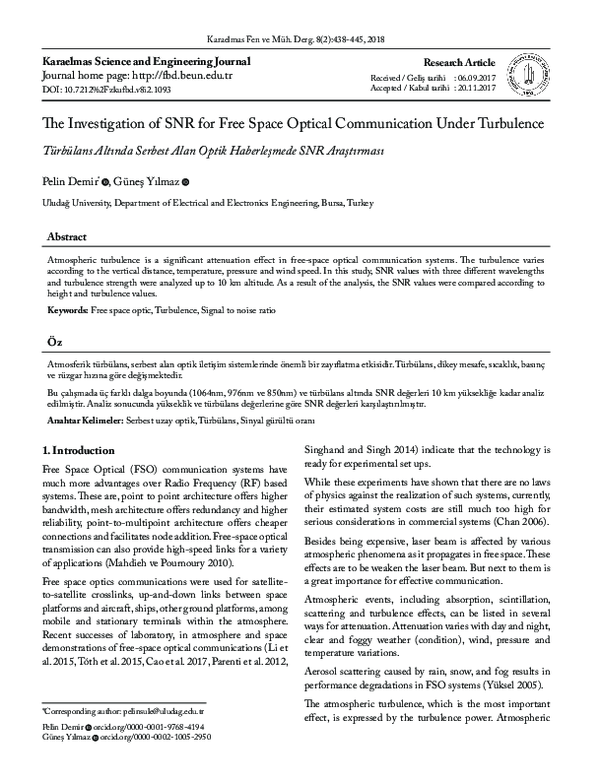 (PDF) The Investigation of SNR for Free Space Optical Communication Under Turbulence