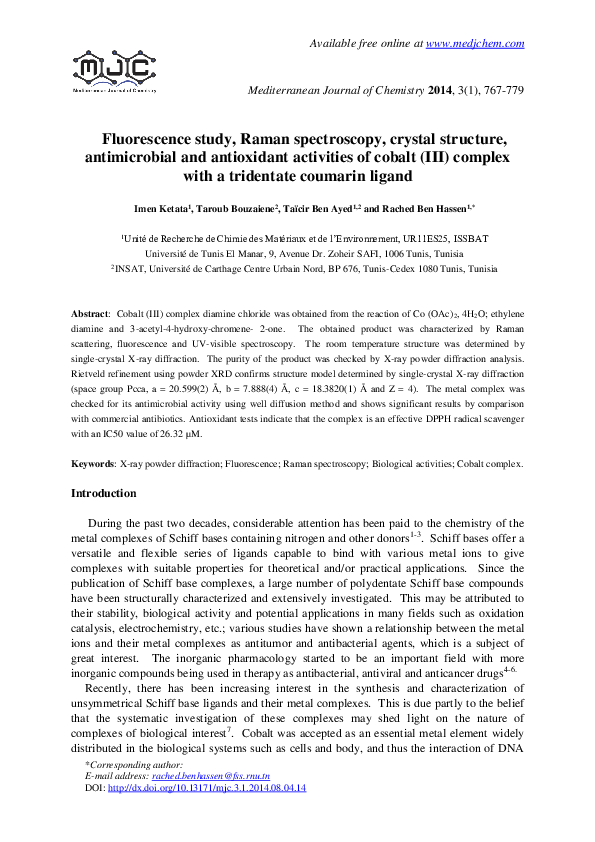 (PDF) Fluorescence study, Raman spectroscopy, crystal structure, antimicrobial and antioxidant ...
