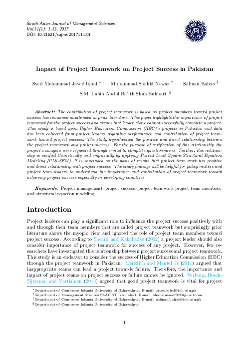 (PDF) Impact of Project Teamwork on Project Success in Pakistan