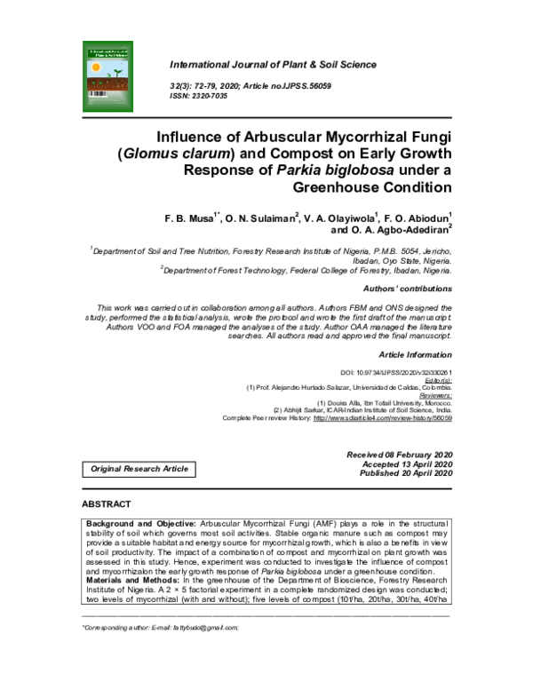 (PDF) Influence of Arbuscular Mycorrhizal Fungi (Glomus clarum) and Compost on Early Growth ...