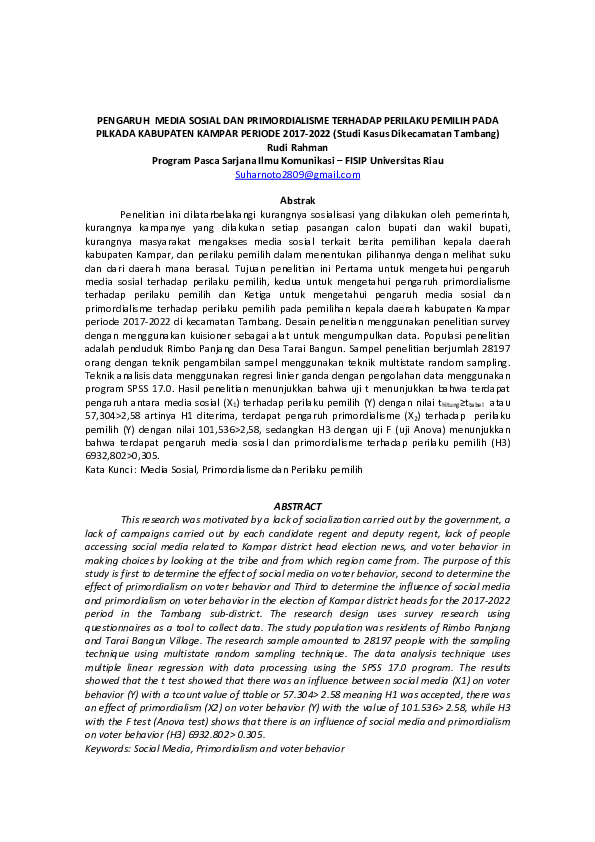 (PDF) PENGARUH MEDIA SOSIAL DAN PRIMORDIALISME TERHADAP PERILAKU PEMILIH PADA PILKADA KABUPATEN ...