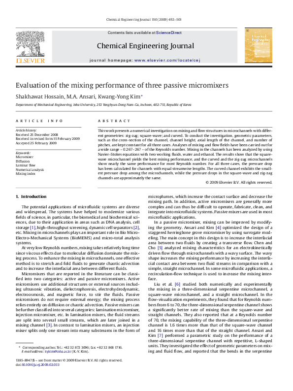 (PDF) Evaluation of the mixing performance of three passive micromixers