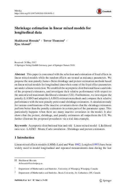 Pdf Shrinkage Estimation In Linear Mixed Models For Longitudinal Data