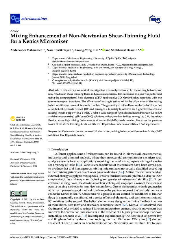 (PDF) Mixing Enhancement of Non-Newtonian Shear-Thinning Fluid for a Kenics Micromixer