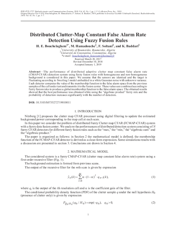 Pdf Distributed Clutter Map Constant False Alarm Rate Detection Using Fuzzy Fusion Rules K