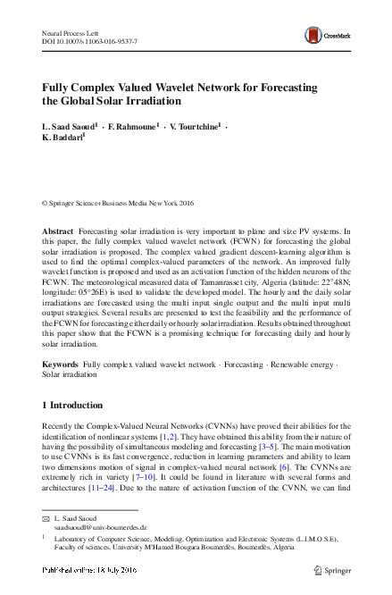 (PDF) Fully Complex Valued Wavelet Network for Forecasting the Global Solar Irradiation