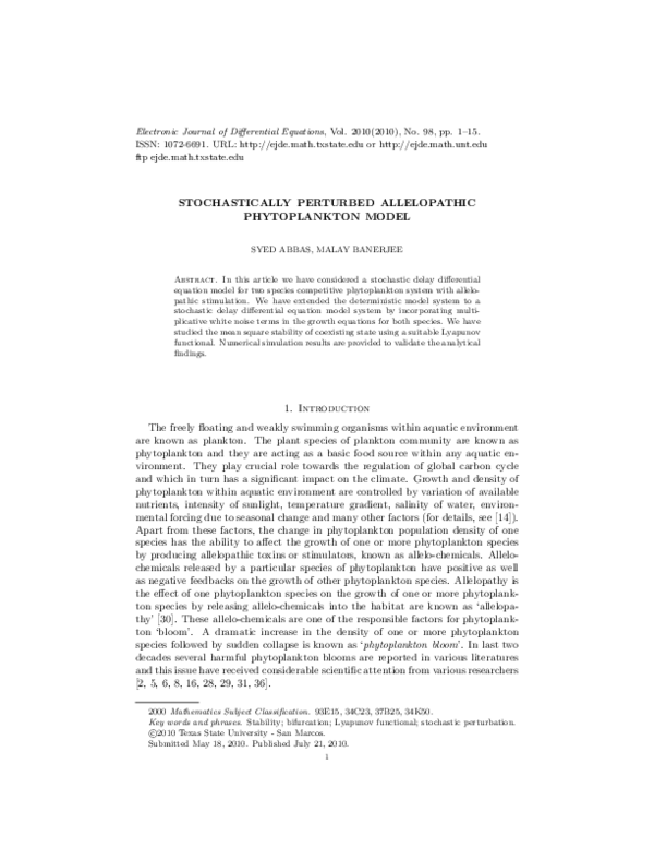 (PDF) Stochastically Perturbed Allelopathic Phytoplankton Model