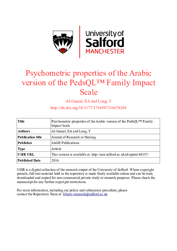 (PDF) Psychometric properties of the Arabic version of the PedsQL ...