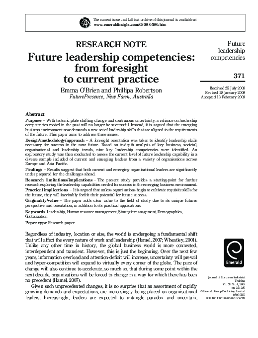 (PDF) Future leadership competencies: from foresight to current practice