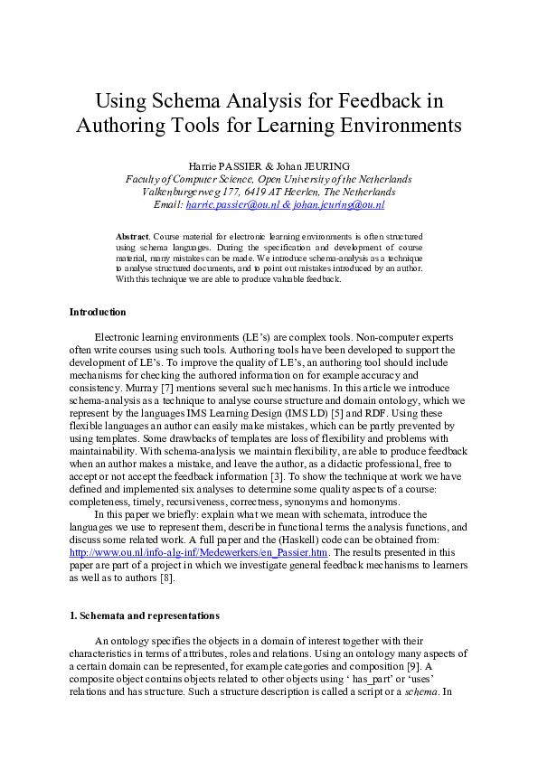 Pdf Using Schema Analysis For Feedback In Authoring Tools For Learning Environments Harrie 