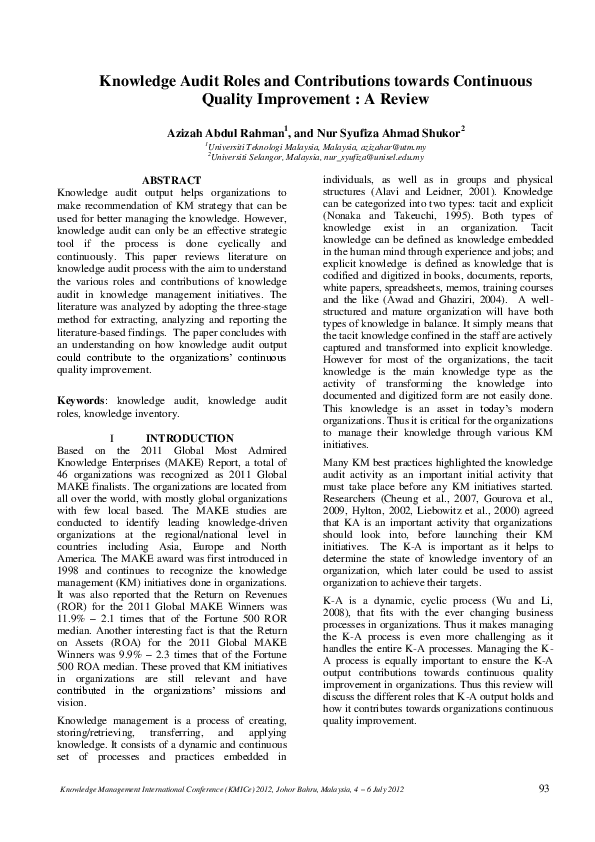 (PDF) Knowledge Audit Roles and Contributions towards Continuous Quality Improvement: A Review