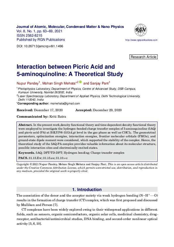 (PDF) Interaction between Picric Acid and 5-aminoquinoline: A ...
