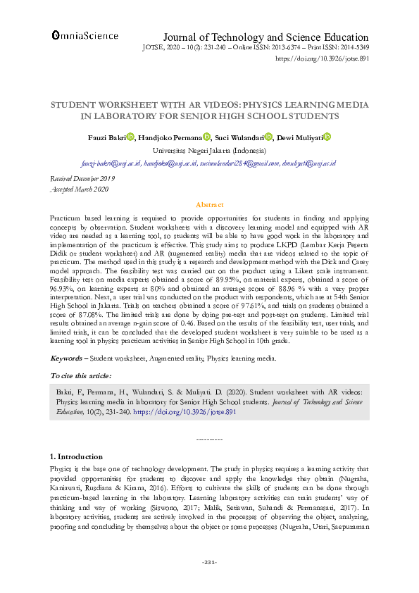(PDF) Student worksheet with AR videos: Physics learning media in laboratory for senior high ...