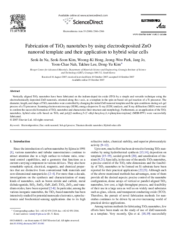 Pdf Fabrication Of Tio2 Nanotubes By Using Electrodeposited Zno