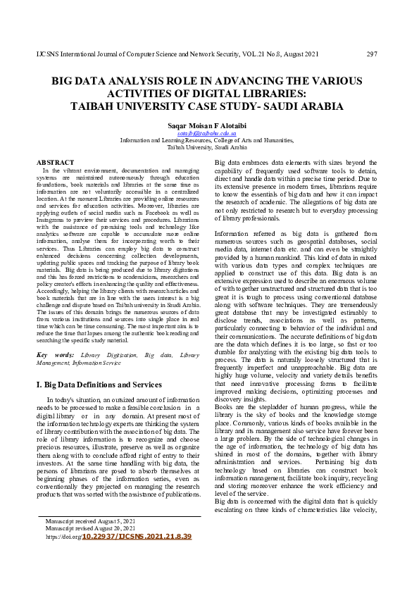 (PDF) Big Data Analysis Role in Advancing the Various Activities of Digital Libraries: Taibah ...