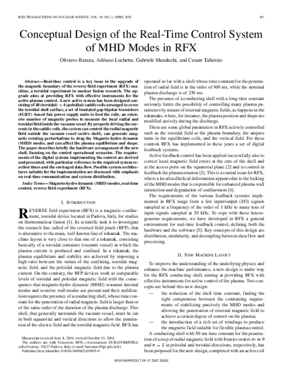 (PDF) Conceptual design of the real-time control system of MHD modes in RFX
