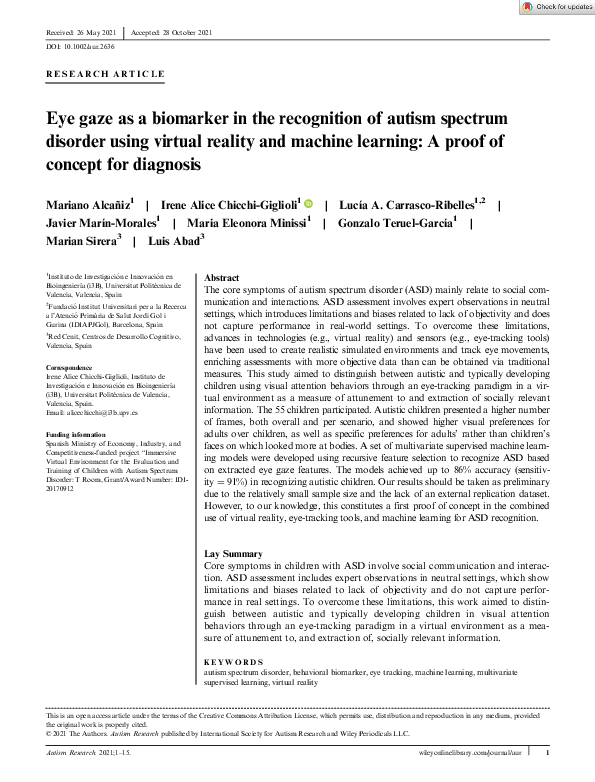 Pdf Eye Gaze As A Biomarker In The Recognition Of Autism Spectrum Disorder Using Virtual