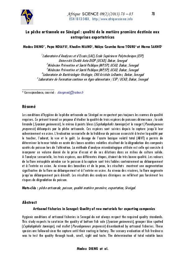 (PDF) La pêche artisanale au Sénégal : qualité de la matière première destinée aux entreprises ...