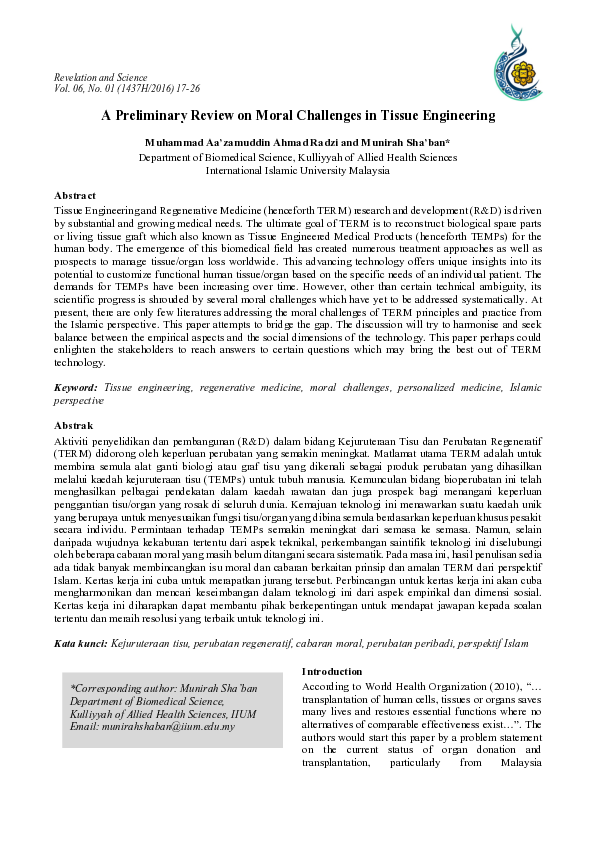 (PDF) A Preliminary Review on Moral Challenges in Tissue Engineering