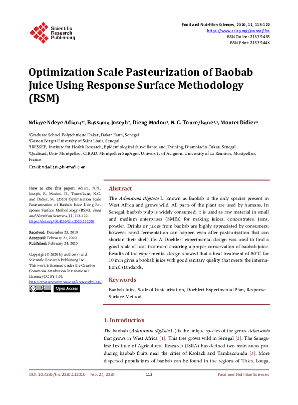 (PDF) Optimization Scale Pasteurization of Baobab Juice Using Response Surface Methodology (RSM)