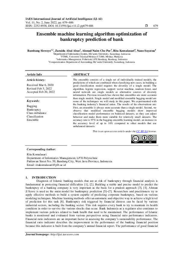 Pdf Ensemble Machine Learning Algorithm Optimization Of Bankruptcy Prediction Of Bank