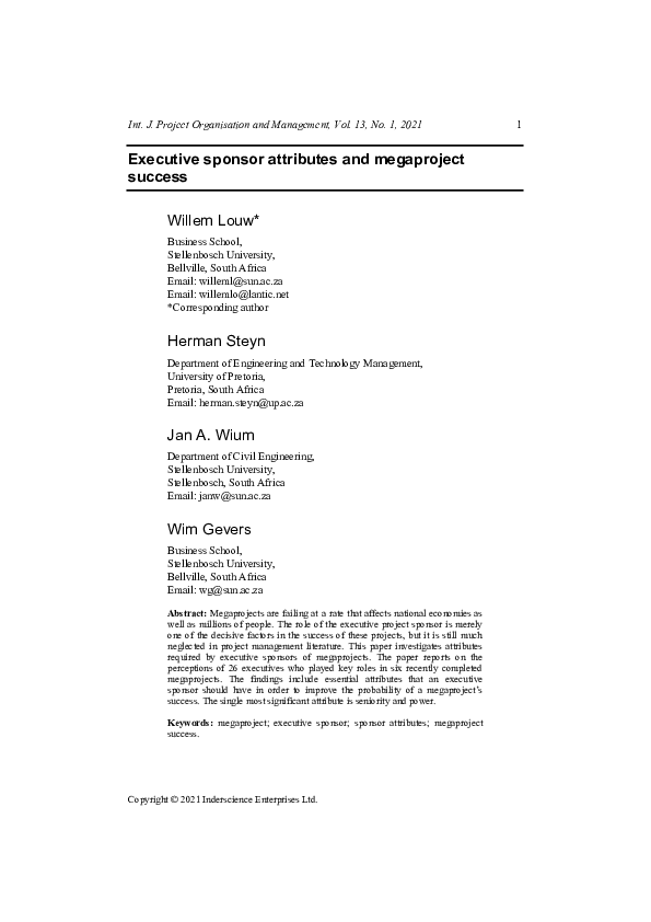 (PDF) Executive sponsor attributes and megaproject success