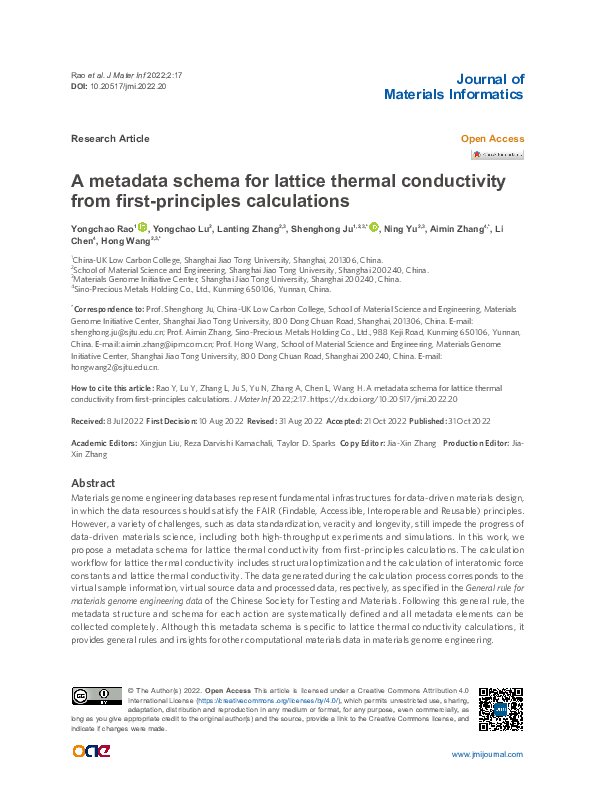 Pdf A Metadata Schema For Lattice Thermal Conductivity From First Principles Calculations