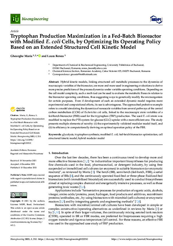Pdf Tryptophan Production Maximization In A Fed Batch Bioreactor With Modified E Coli Cells