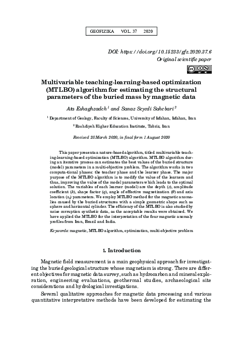 (PDF) Multivariable teaching-learning-based optimization (MTLBO) algorithm for estimating the ...
