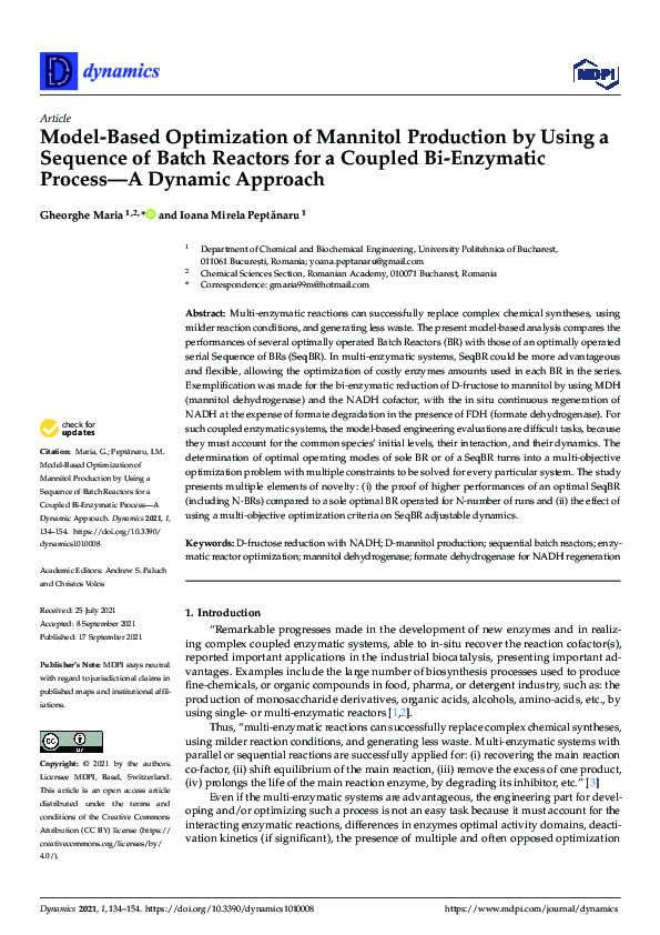 Pdf Model Based Optimization Of Mannitol Production By Using A Sequence Of Batch Reactors For