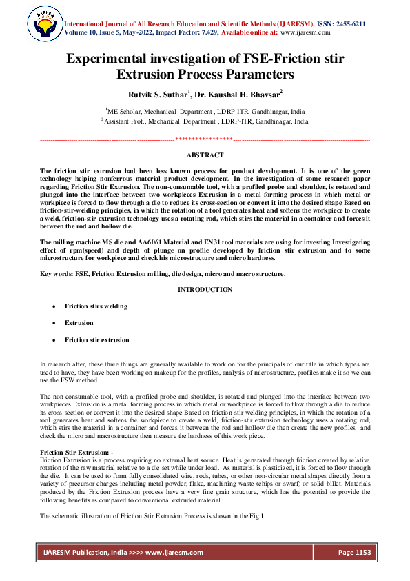 Pdf Experimental Investigation Of Fse Friction Stir Extrusion Process